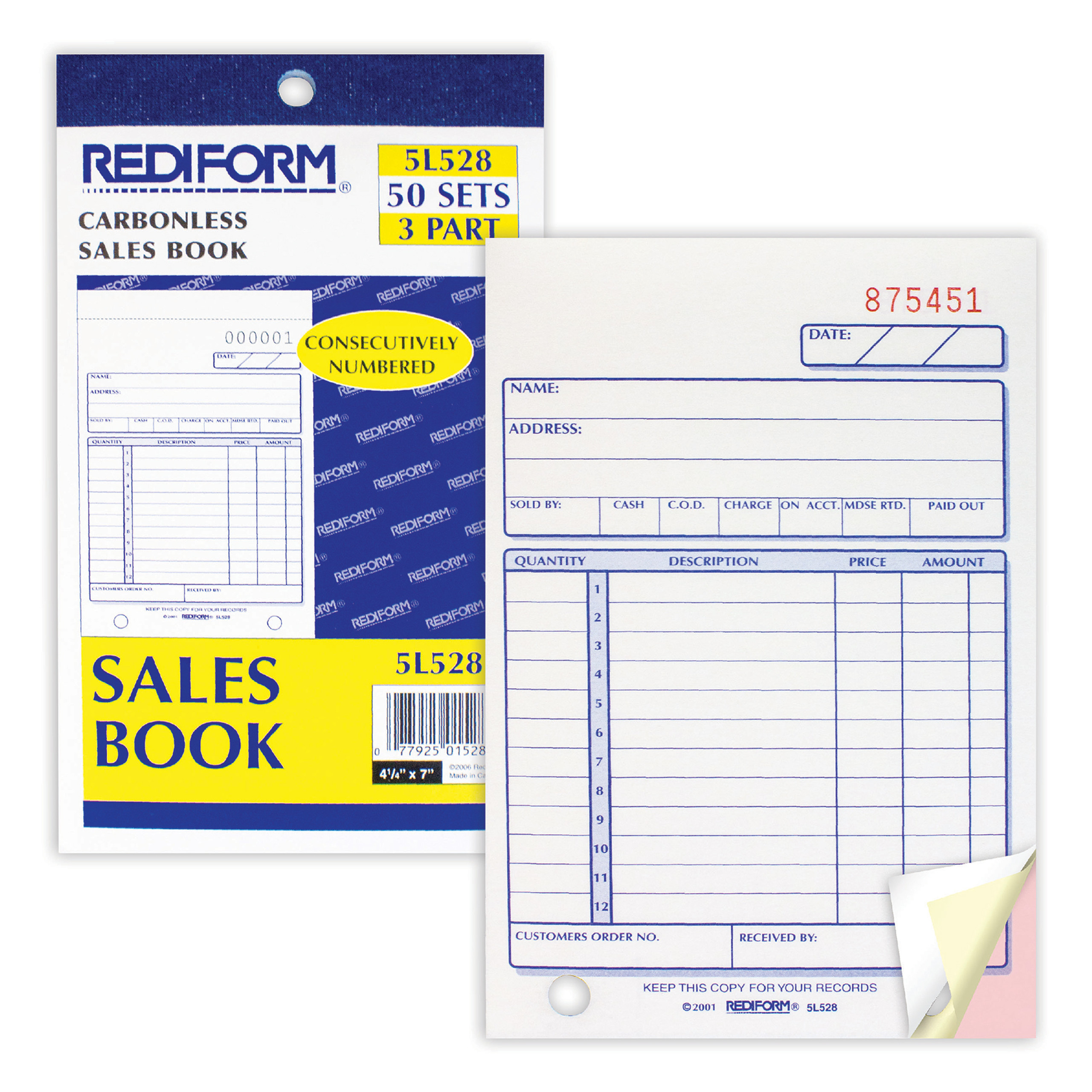 Rediform 5L320 Sales Book, 2-Part Carbonless, 50 Sets, Numbered, 5-1/2 ...