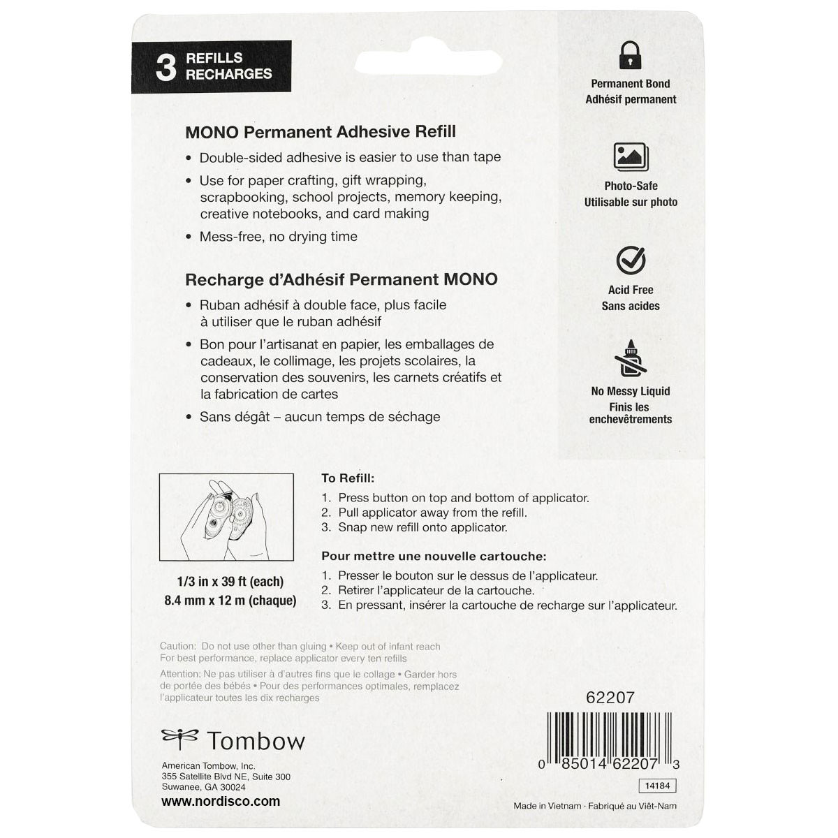 Tombow Mono Permanent Adhesive Refill 62207, 1/3" x 39', Pack of 3 ...