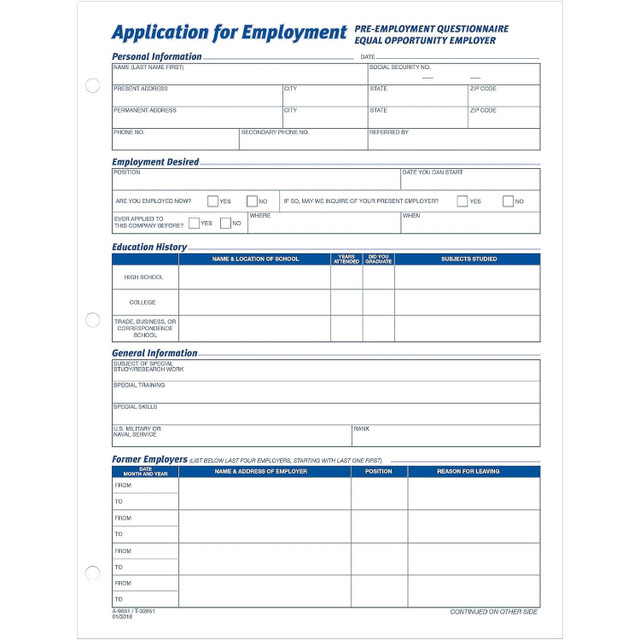 Adams 9661 Application for Employment, Pack of 2 Pads | Nordisco.com