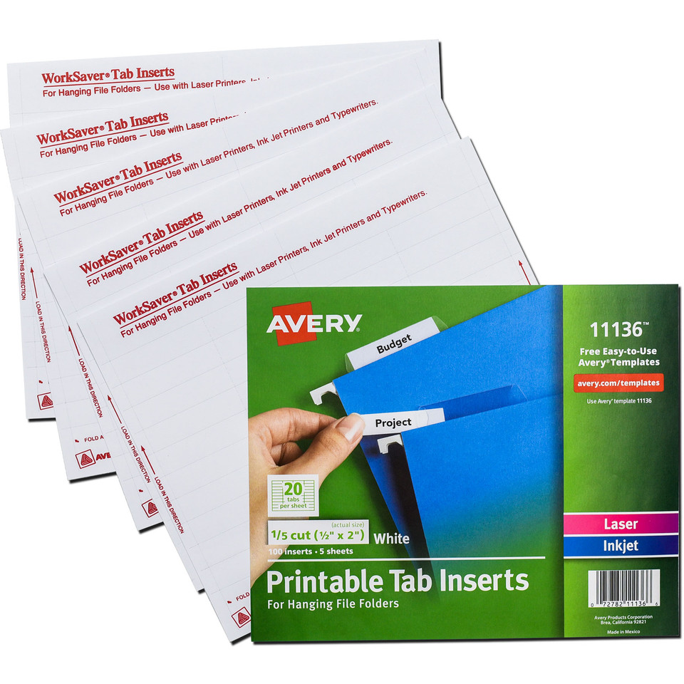 Avery 11136 WorkSaver Printable Tab Inserts for 1/5 Cut Hanging Folders ...