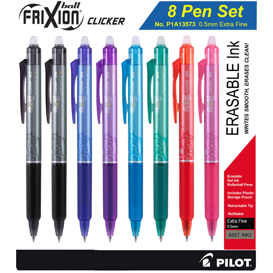 Pilot 13573 FriXion Clicker 05, 0.5mm Extra Fine Erasable Gel Ink Pens, 8 Pen Set | Nordisco.com