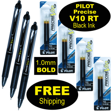 Pilot Precise V10 RT, 3 Pens, 4 Packs of Refills, Black Ink, 1.0mm BOLD ...