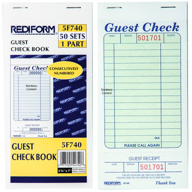 Rediform 5F740 Guest Check Book, 50 Sets, 1 Part, Numbered, 3-3/8 x 7 ...