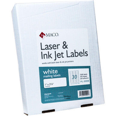 Maco ML-3000B 1 x 2-5/8" White Laser & Inkjet Mailing Labels, Box of ...