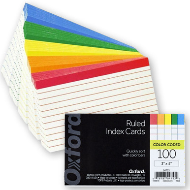Oxford 04753 Color Coded 3 x 5" Index Cards, Ruled, Pack of 100