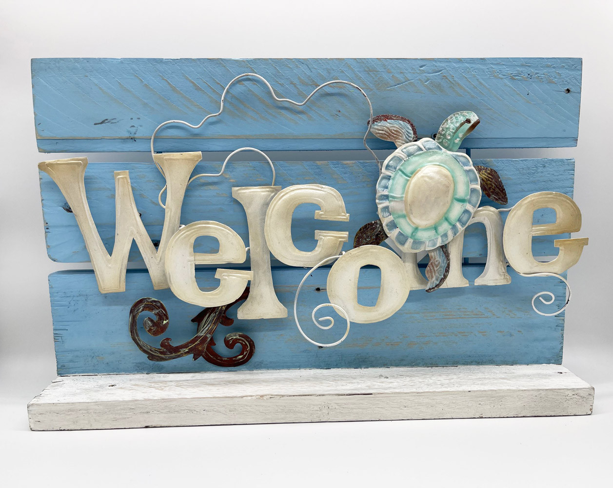 Metal Turtle Welcome Wood Standing Sign - Beach House Gift Boutique