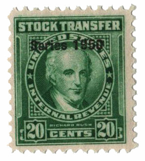 RD318 - 1950 20c Stock Transfer Stamp, Bright Green - Mystic Stamp Company