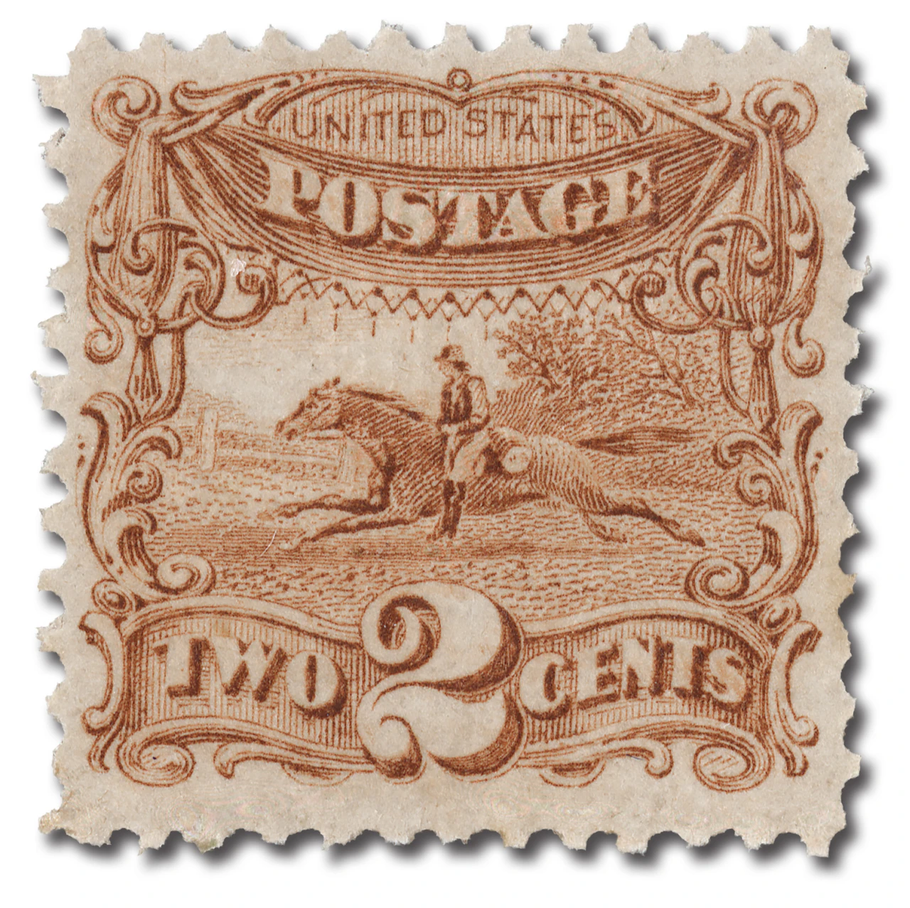 113 - 1869 2c Pony Express, Brown, Hard Wove Paper, G Grill, Perf. 12 ...