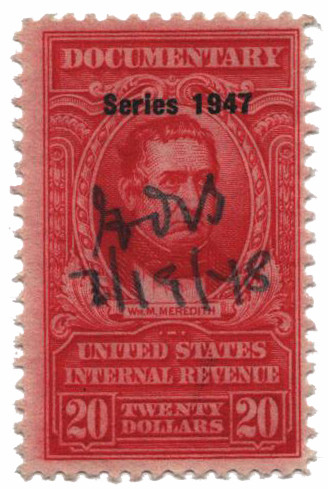 R479 - 1947 $20 U.S. Internal Revenue Stamp, Carmine - Mystic Stamp Company