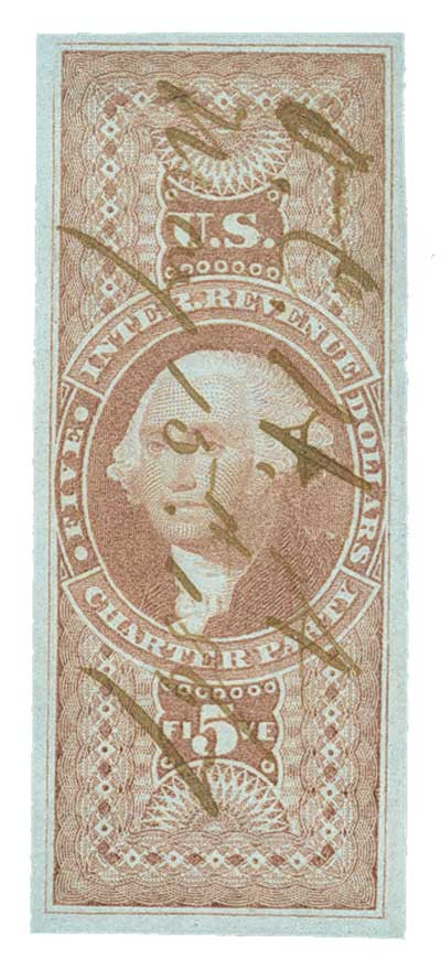 R88a - 1862-71 $5 US Internal Revenue Stamp - Charter Party, imperf ...