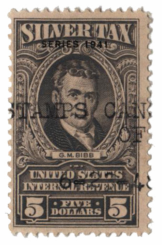 RG74 - 1941 $5 Silver Tax, Gray, Overprint 1941 - Mystic Stamp Company