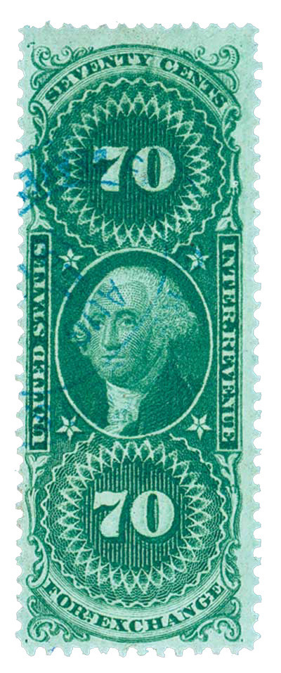 R65d - 1862-71 70c U.S. Internal Revenue Stamp, Foreign Exchange, Green ...
