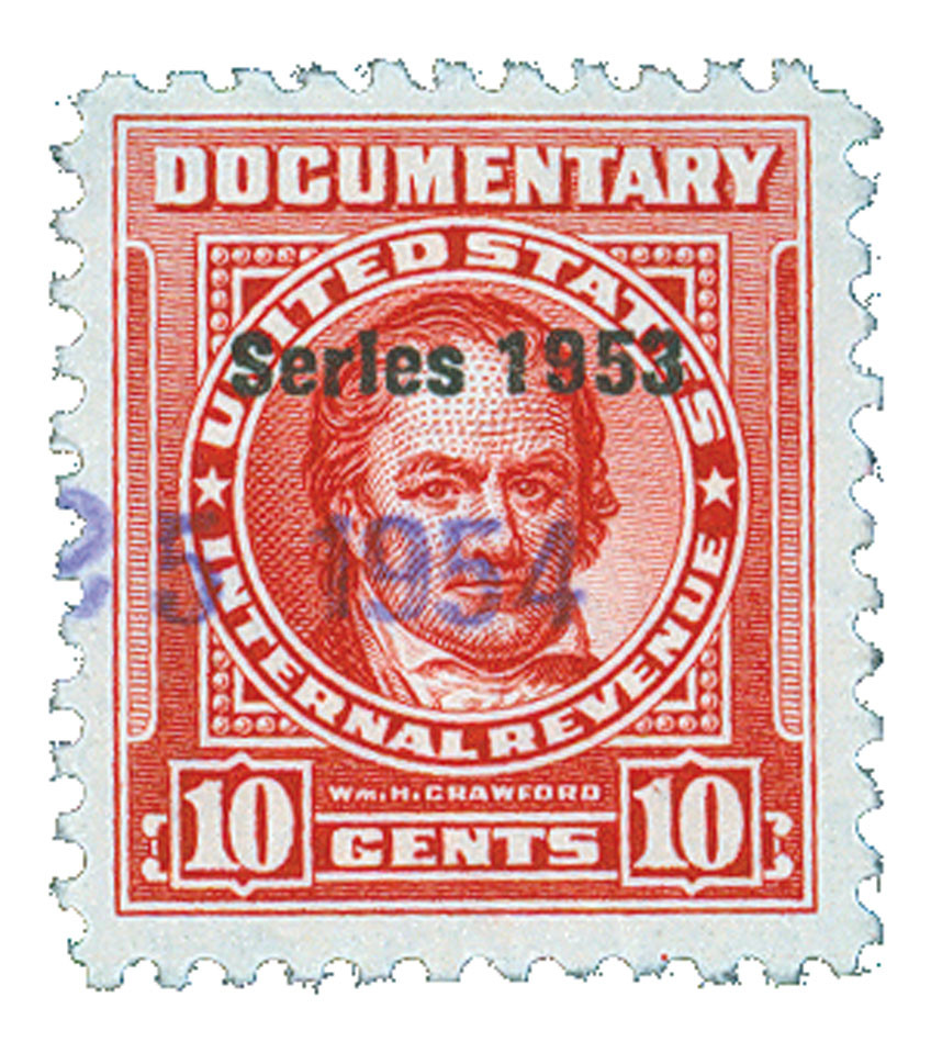 R626 - 1953 10c U.S. Internal Revenue Stamp, Carmine - Mystic Stamp Company
