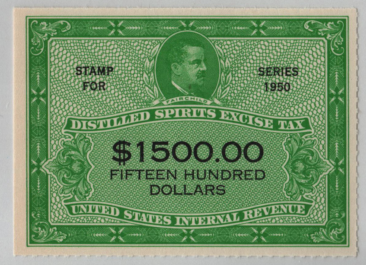 RX17 - 1950 $1,500 Distilled Spirits Excise Tax Stamp, Yellow Green ...