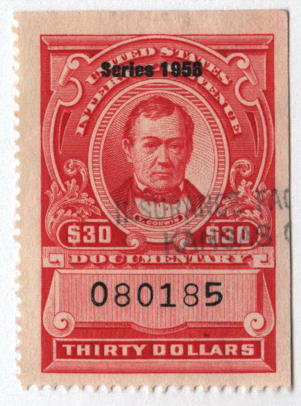 R697 - 1956 $30 U.S. Internal Revenue Stamp, Carmine, No Gum - Mystic ...