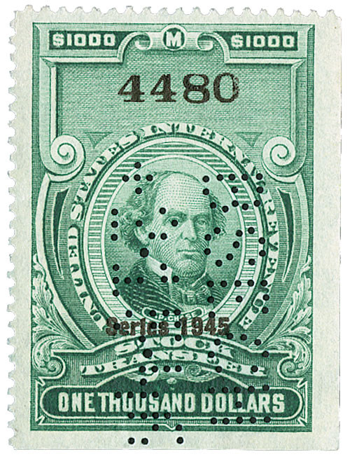 RD208 - 1945 $1000 Stock Transfer Stamp, Bright Green, No Gum - Mystic ...