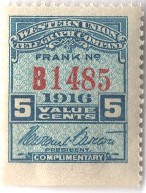 16T49 - 1916 5c Western Union Telegraph Company, Light Blue, Newcomb ...
