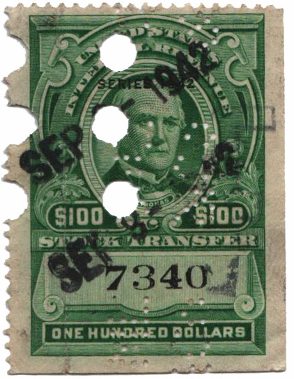 RD137 - 1942 $100 Stock Transfer Stamp, Bright Green, No Gum - Mystic ...