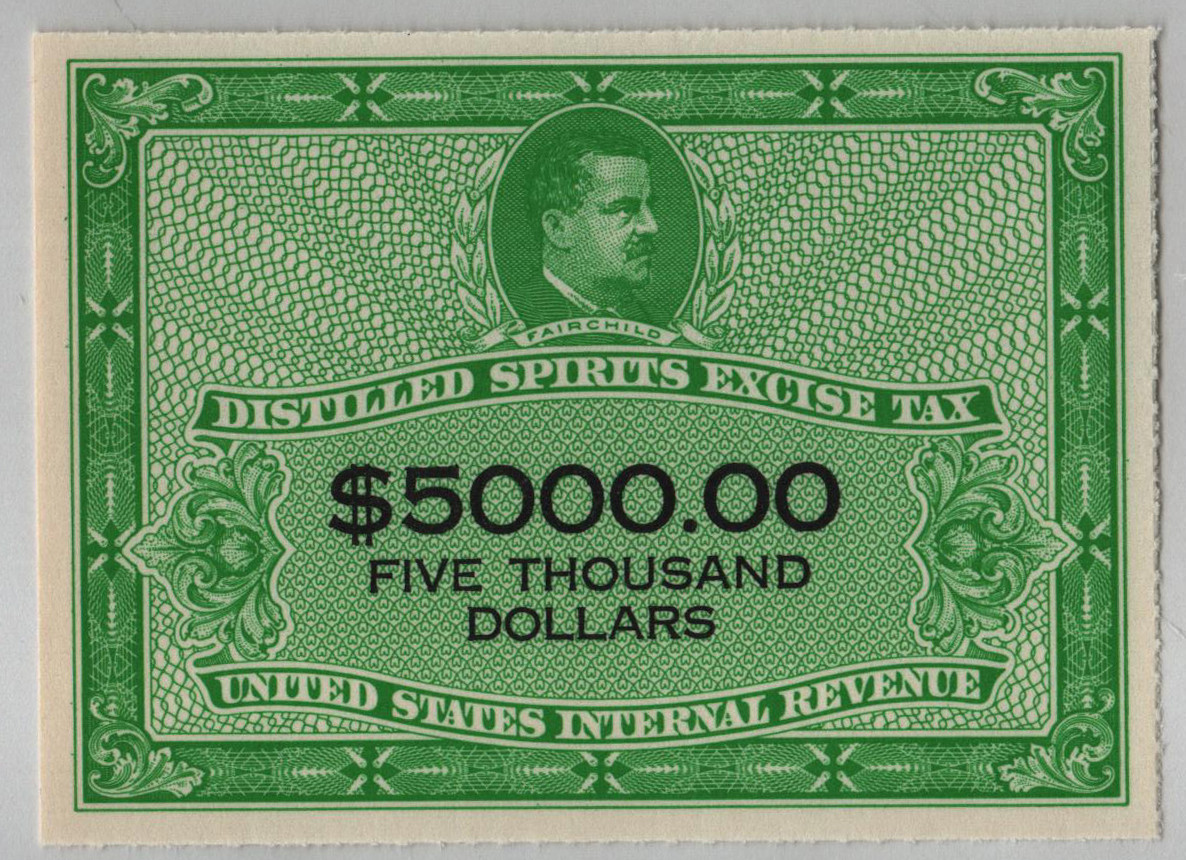RX45 - 1952 $5,000 Distilled Spirits Excise Tax Stamp, Yellow Green ...