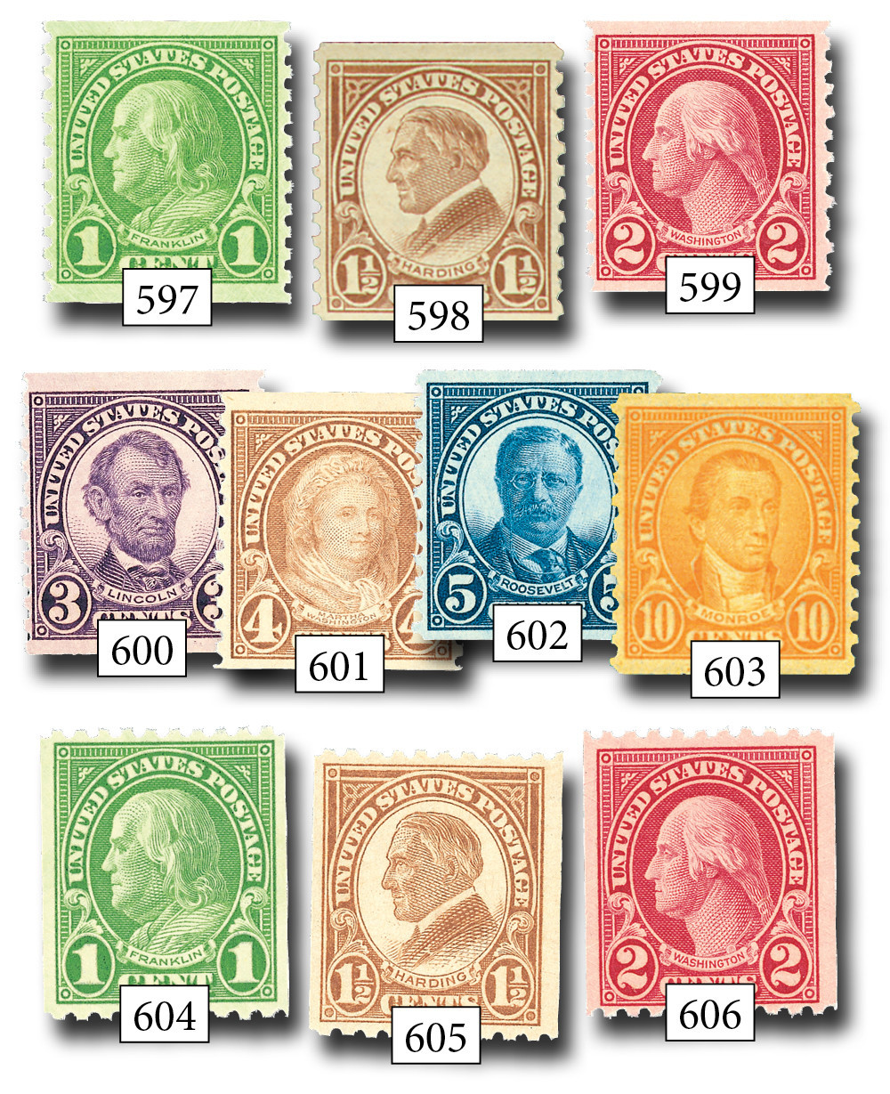 597//606 - 1923-29 Regular Issues, Perf. 10 Coil, 10 Stamps - Mystic ...