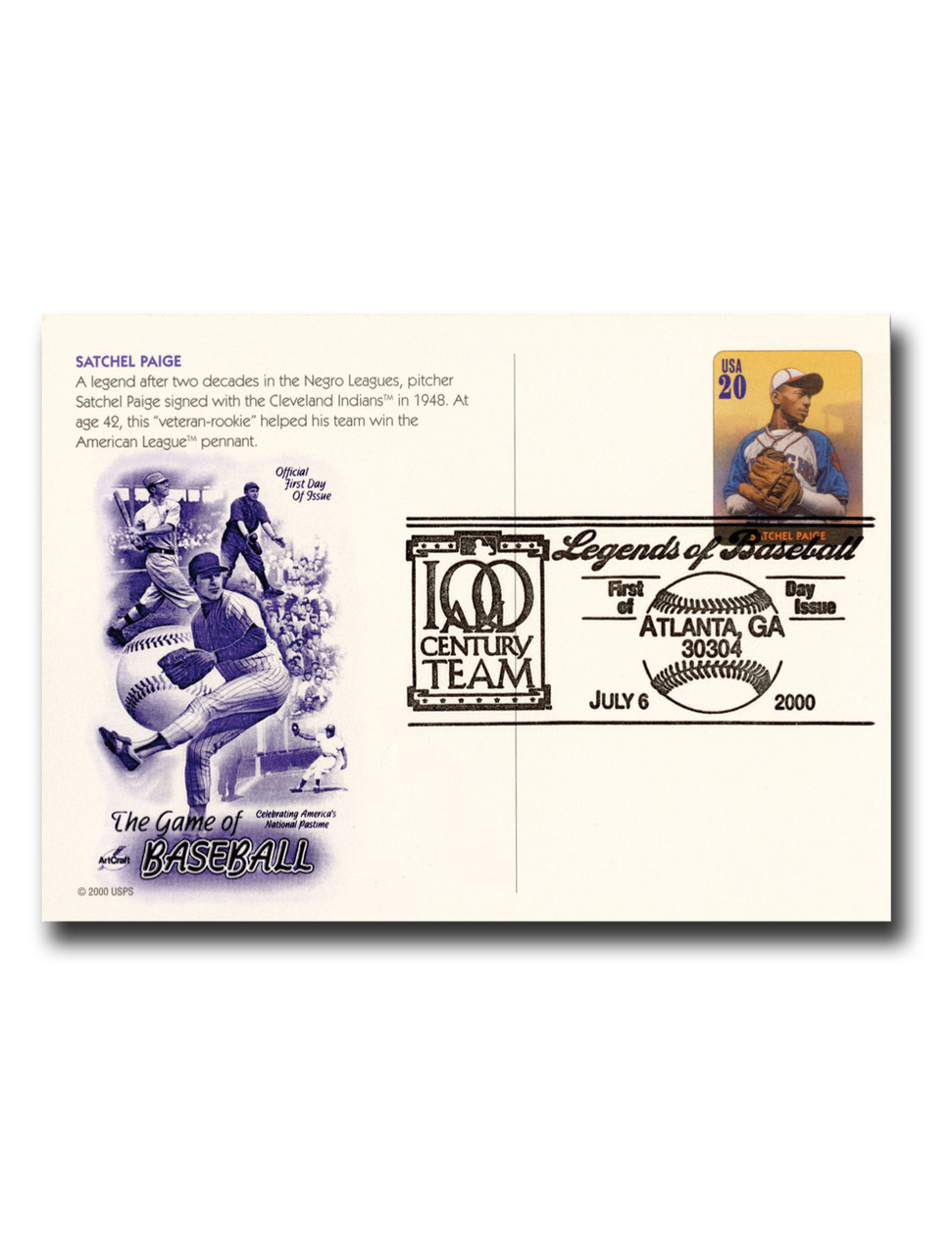UX352 - 2000 20c Legends of Baseball, Satchel Paige, First Day Issue ...