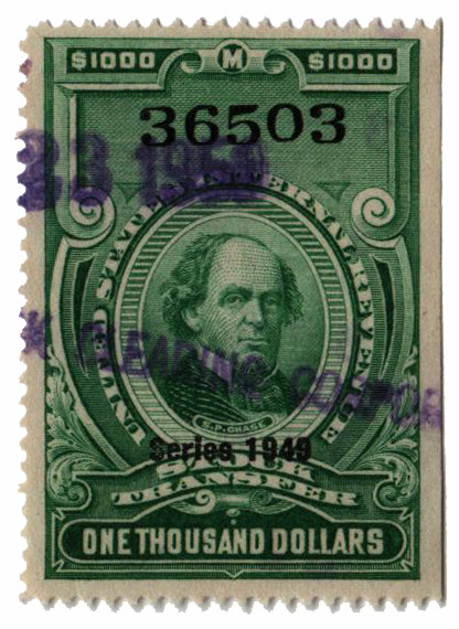 RD309 - 1949 $1000 Stock Transfer Stamp, Bright Green, No Gum - Mystic ...