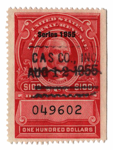 R691 - 1955 $100 U.S. Internal Revenue Stamp, Carmine, No Gum - Mystic ...