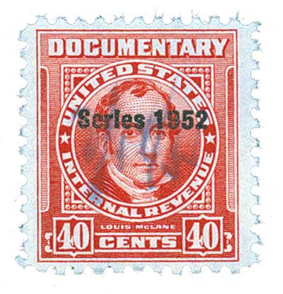 R595 - 1952 40c U.S. Internal Revenue Stamp, Carmine - Mystic Stamp Company