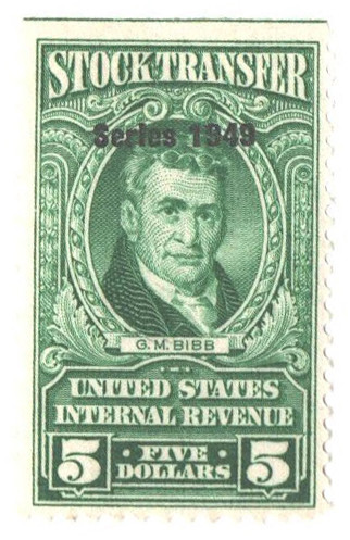 RD301 - 1949 $5 Stock Transfer Stamp, Bright Green - Mystic Stamp Company