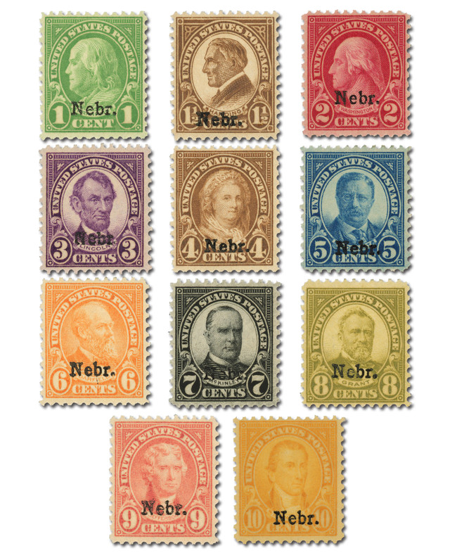 669-79 - 1929 Nebraska Overprint Issues, Complete Set of 11 Stamps ...