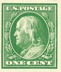 383 - 1910 1c Franklin, Green, Single Line Watermark, Imperf. - Mystic ...
