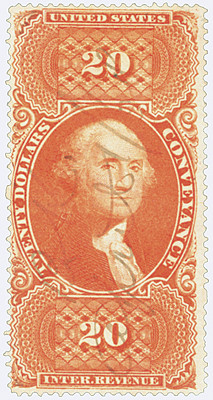 R98 - 1862-71 $20 U.S. Internal Revenue Stamp, Conveyance, Orange, Perf ...
