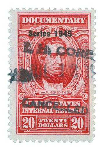 R429 - 1945 $20 U.S. Internal Revenue Stamp, Carmine - Mystic Stamp Company