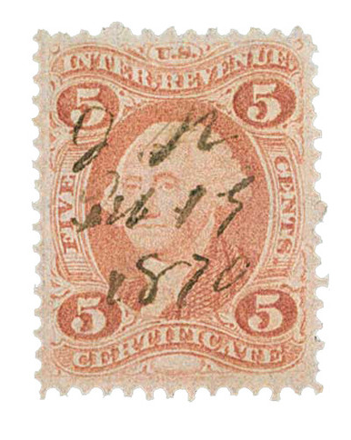 R24 - 1862-71 5c U.S. Internal Revenue Stamp, Certificate, Red, Perf ...