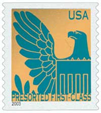 3795 - 2003 25c Eagle, Prussian Blue on Gold, Perf 11.5 - Mystic Stamp ...