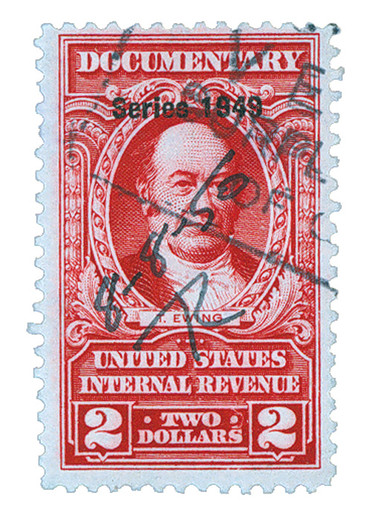 R524 - 1949 $2 U.S. Internal Revenue Stamp, Carmine - Mystic Stamp Company