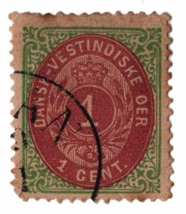 DWI5c - 1874 1c Green & Claret, Danish West Indies - Mystic Stamp Company