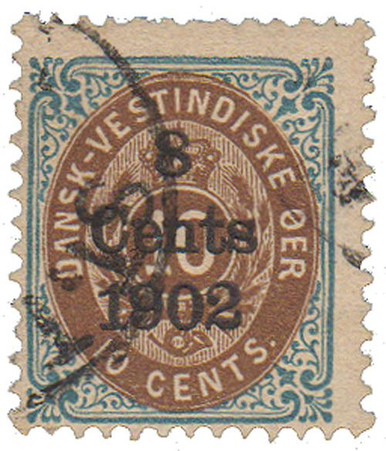 DWI28 - 1902 8c on 10c Blue & Brown, Danish West Indies - Mystic Stamp ...