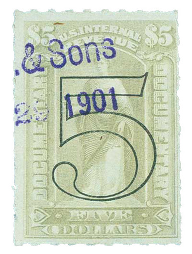 R187 - 1900 $5 Documentary, Gray, Black Overprint, Open Numerals ...