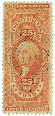 R43 - 1862-71 25c U.S. Internal Revenue Stamp, Bond, Red, Perf. 12 ...