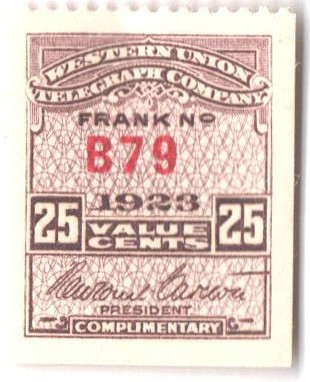 16T64 - 1923 25c Western Union Telegraph Company, Dull Violet, Newcomb ...