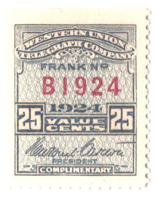 16T66 - 1924 25c Western Union Telegraph Company, Ultramarine, Newcomb ...