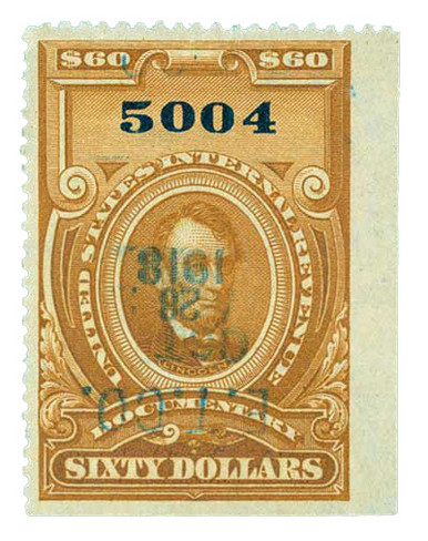 R247 - 1917 $60 U.S. Internal Revenue Stamp, Brown, Perf. 12, No Gum ...