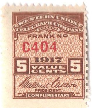 16T51 - 1917 5c Western Union Telegraph Company, Yellow Brown, Newcomb ...