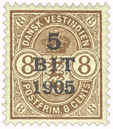 DWI42 - 1905 5b on 8c, Brown, Danish West Indies - Mystic Stamp Company