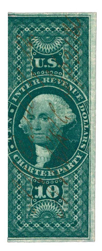 R93a - 1862-71 $10 U.S. Internal Revenue Stamp, Charter Party, Green ...