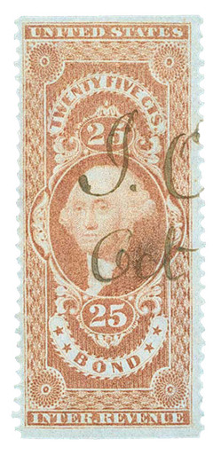 R43b - 1862-71 25c US Internal Revenue Stamp - bond, part perf, red ...