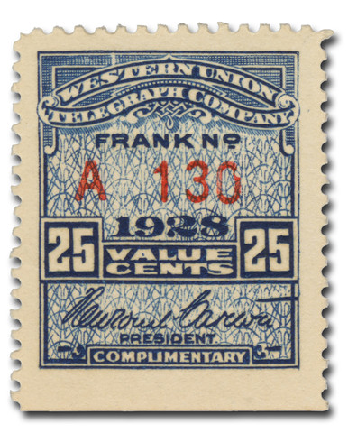 16T74 - 1928 25c Western Union Telegraph Company, Dark Blue, Newcomb ...