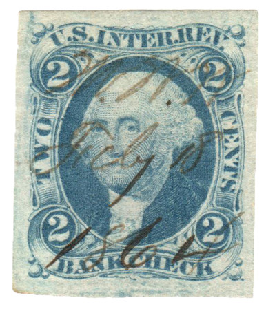 R5a - 1862-71 2c U.S. Internal Revenue Stamp, Bank Check, Blue, Imperf ...
