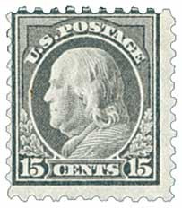 437 - 1914 15c Franklin, Gray, Single Line Watermark, Perf. 10 - Mystic ...